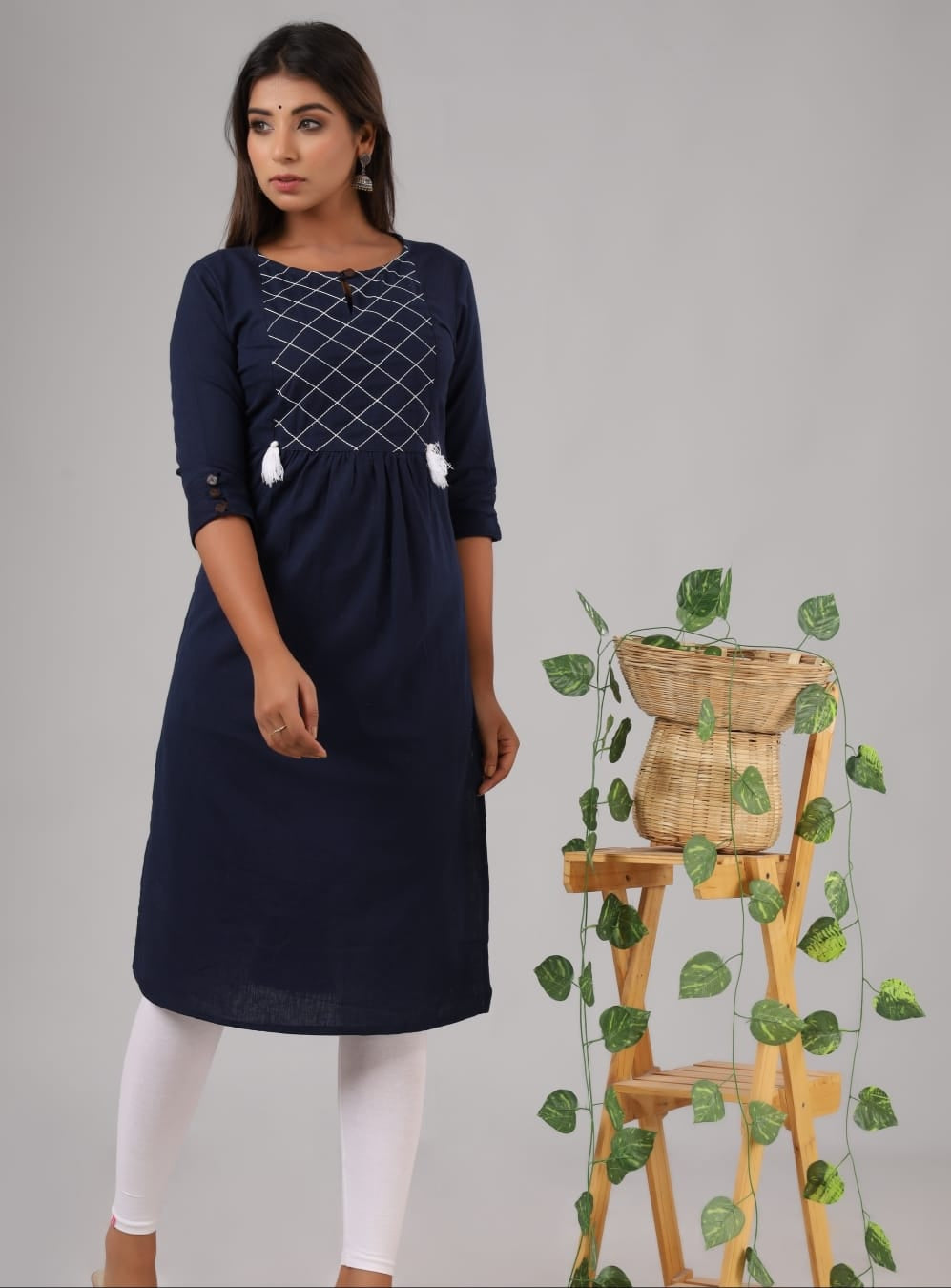 Navy Blue long kurta with white thread work – Masang