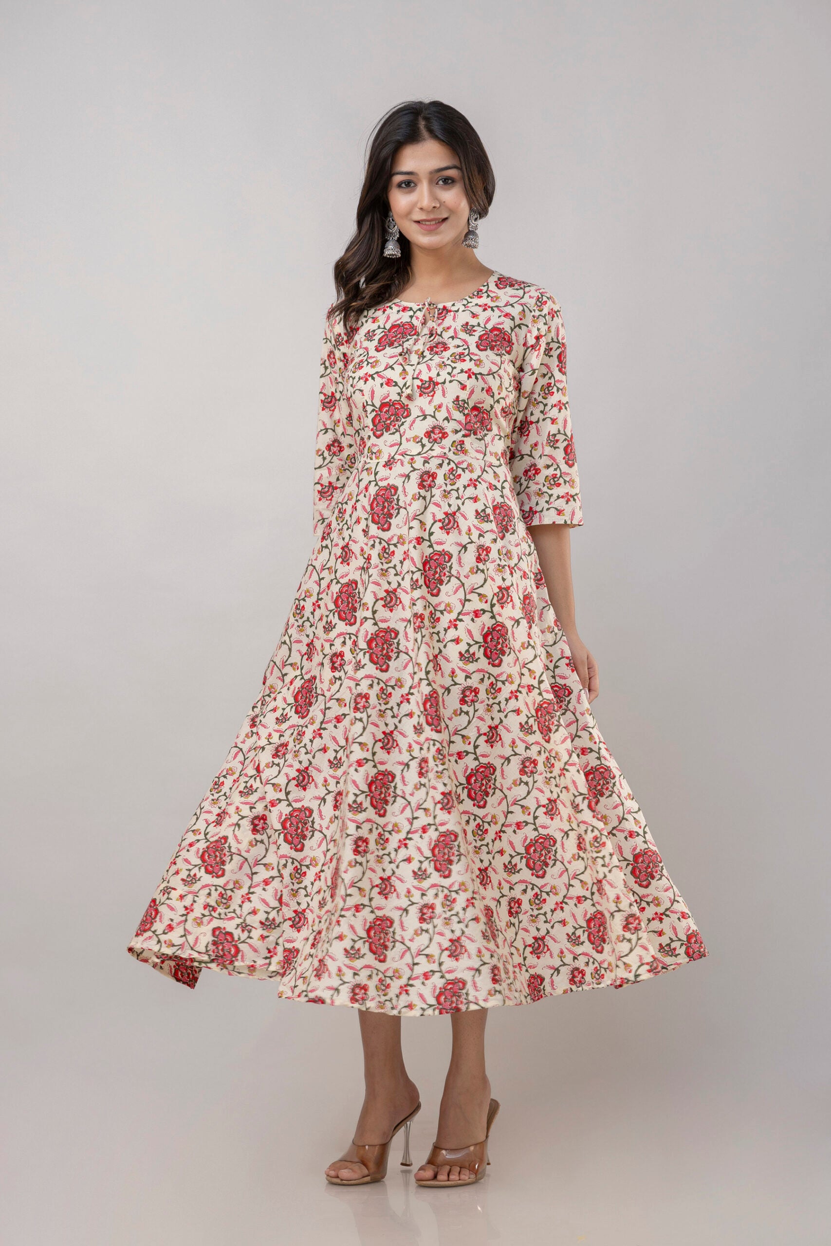 "Roohi" Floral Print Pure Cotton Umbrella Dress – Masang